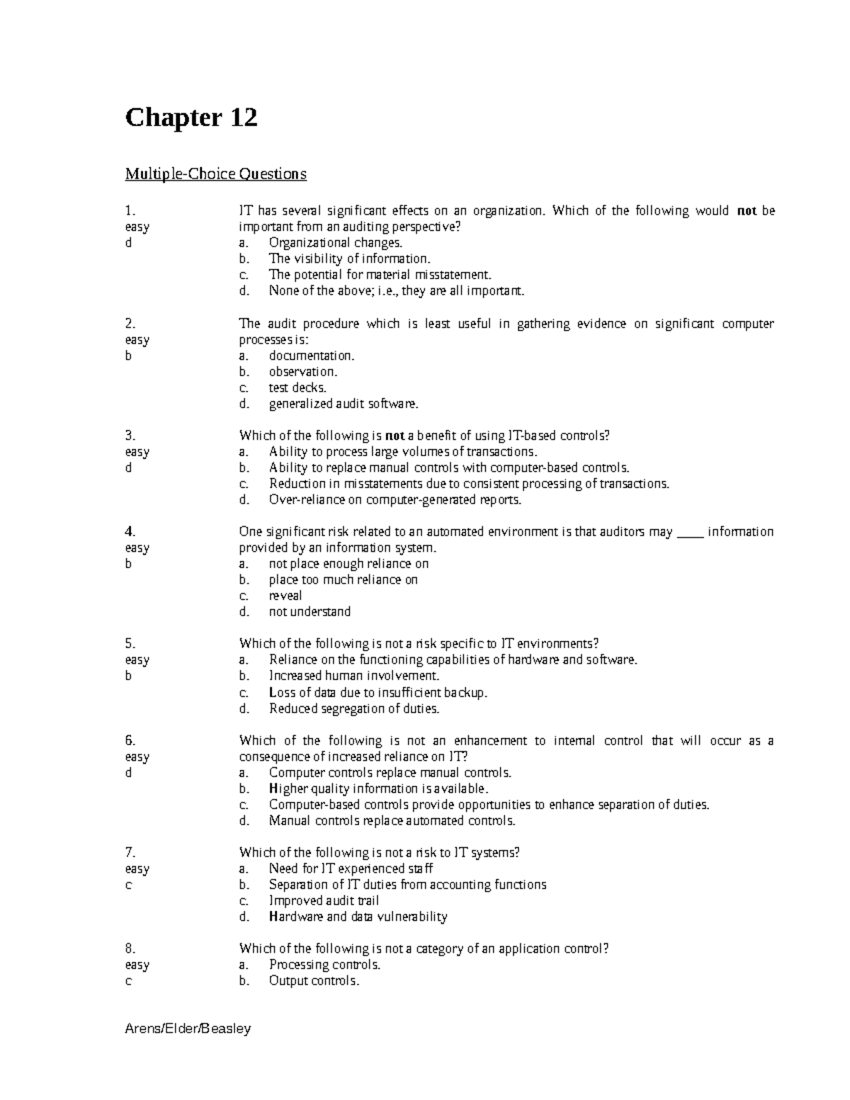 Chapter 12 Test Bank: Auditing Practice Questions and Answers - Studocu