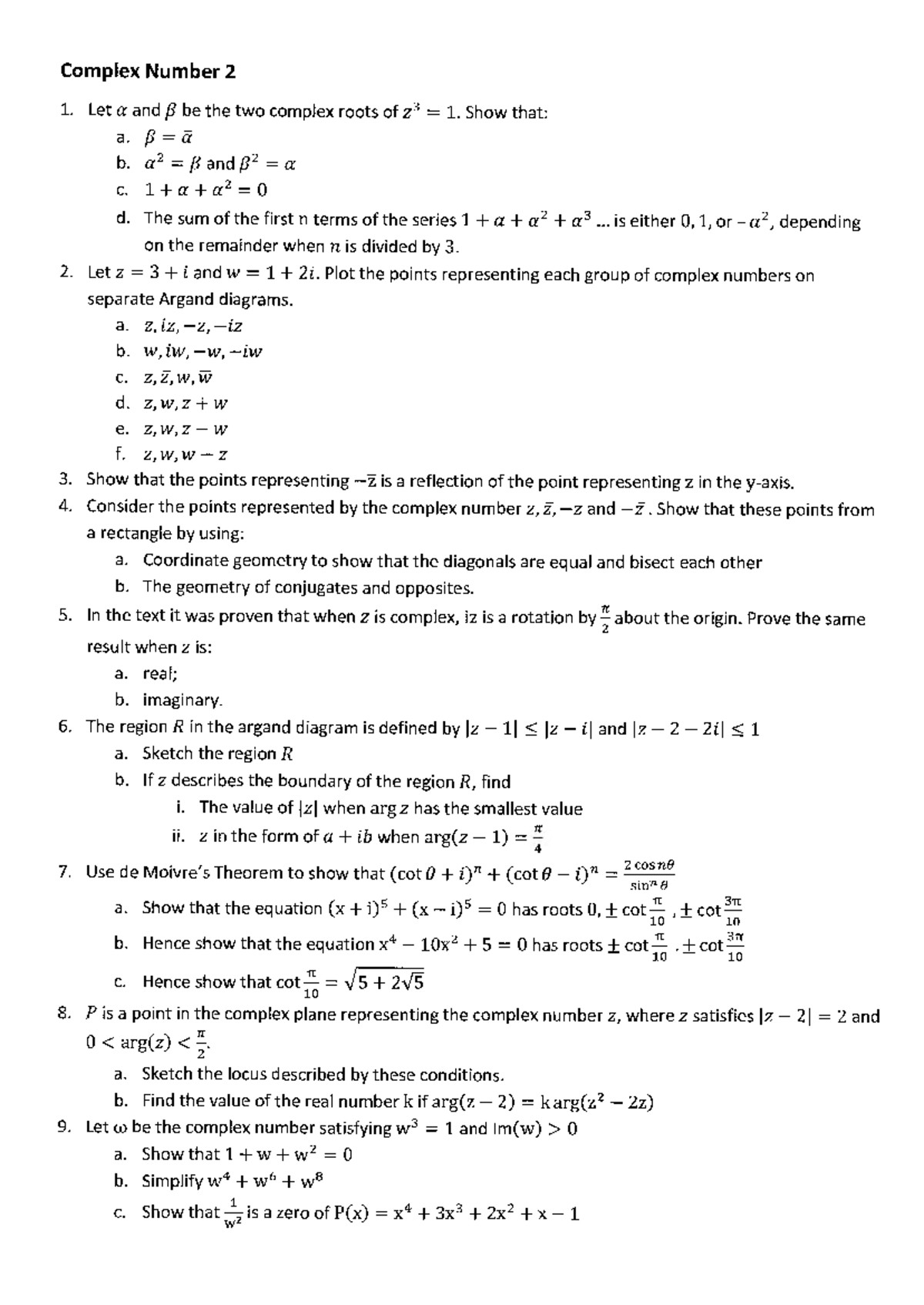 Complex Number Questions: Advanced Concepts and Proofs (MATH 201) - Studocu