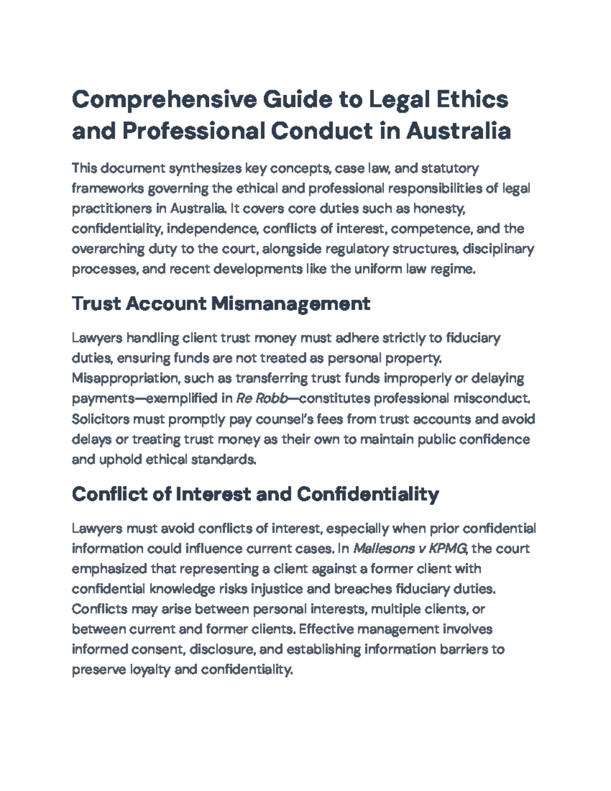 Comprehensive Overview of Legal Ethics & Professional Conduct (LAWS301 ...