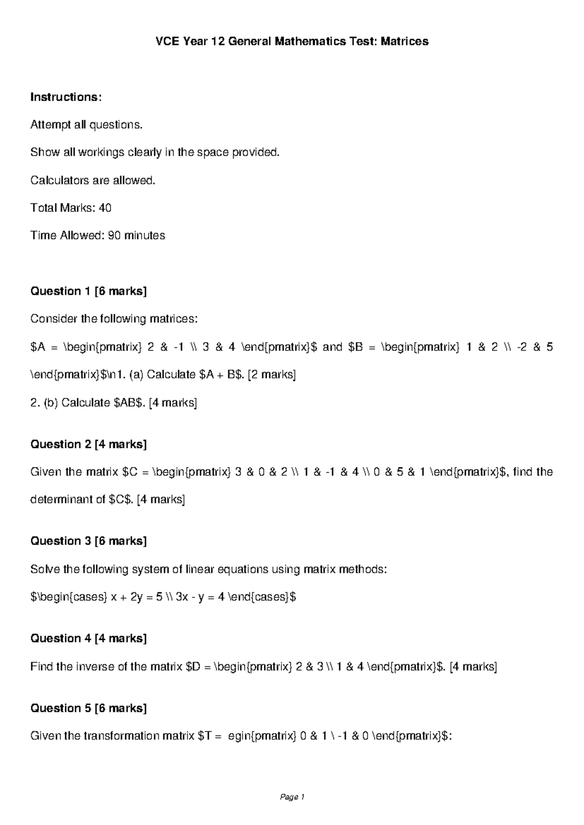 VCE Year 12 Unit 4 General Maths Test: Matrices Comprehensive Review ...