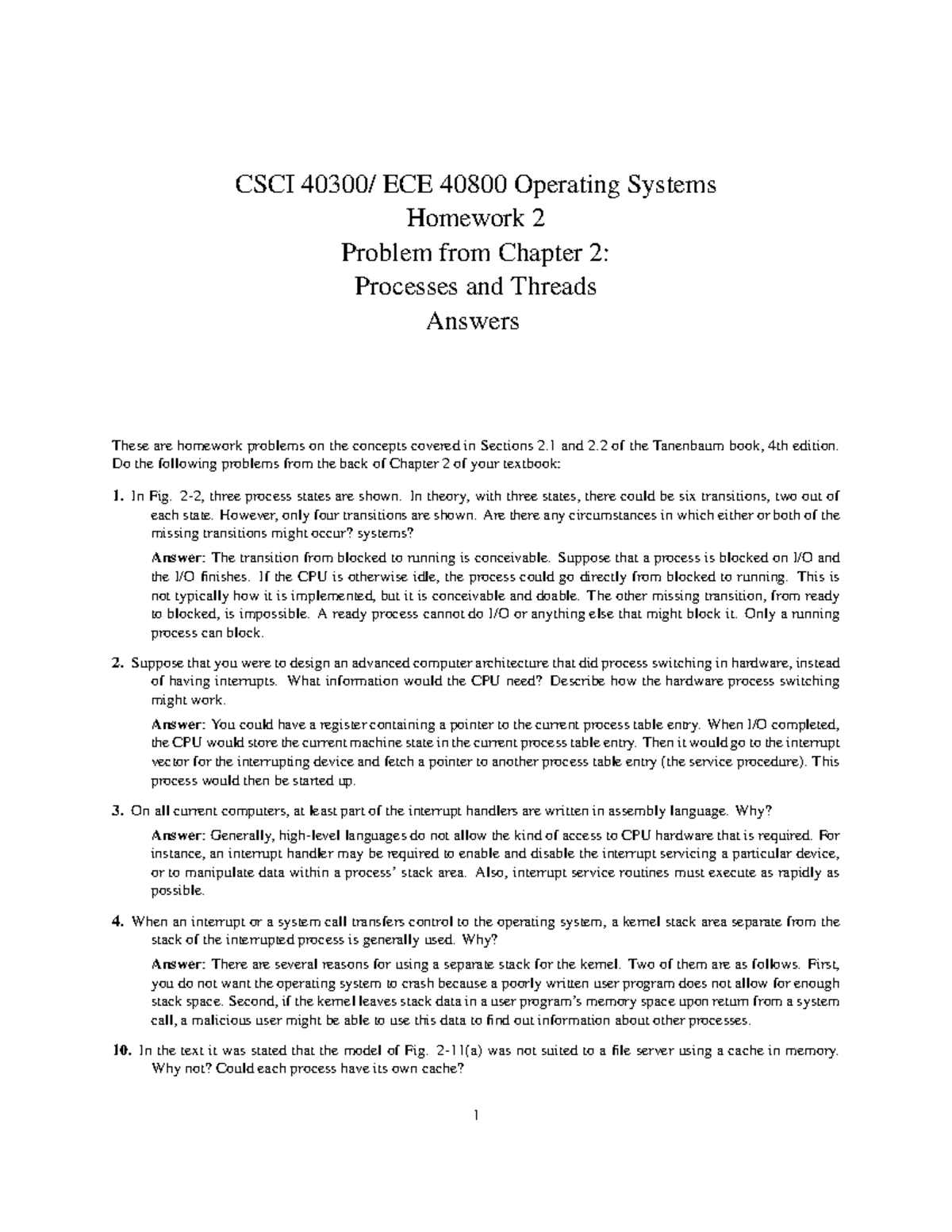 CSCI ECE 40800 Operating Systems Homework 2: Chapter 2 Answers - Studocu
