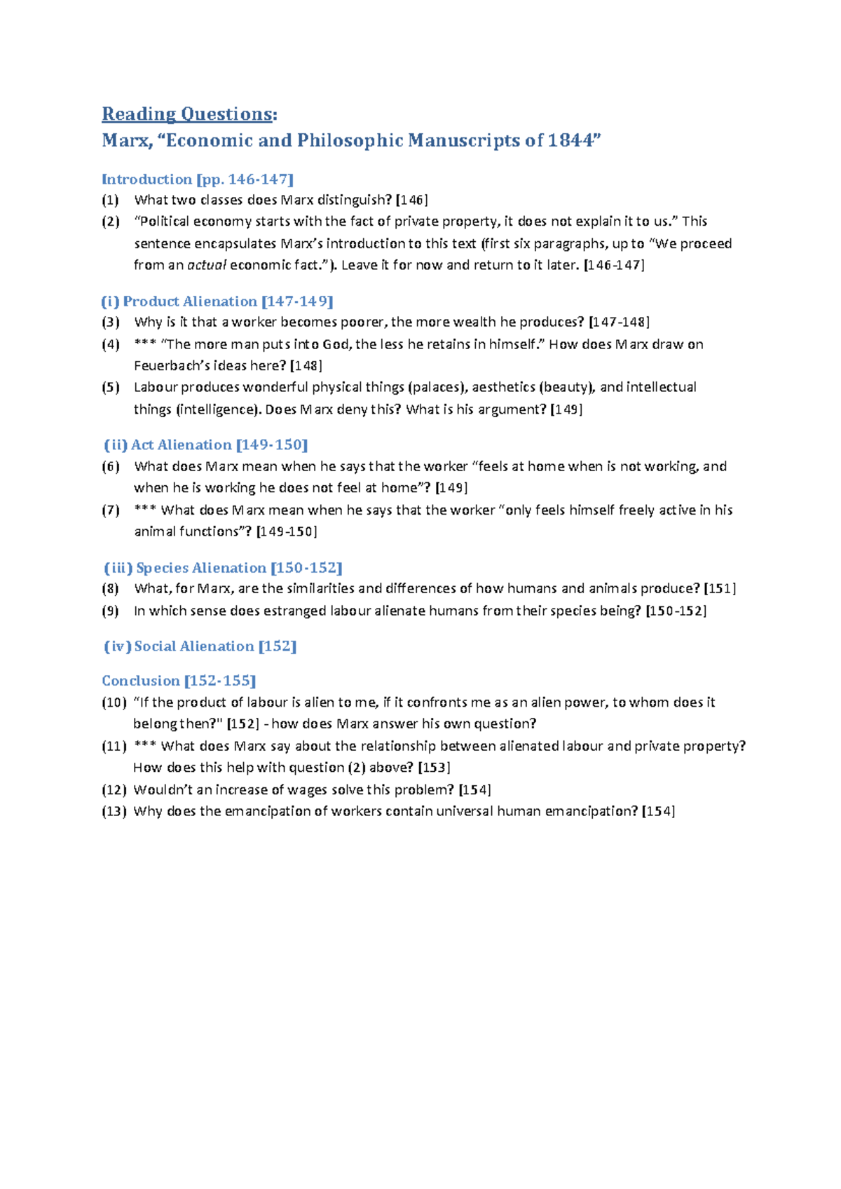 Marx economic 1844 reading questions - Reading Questions: Marx ...