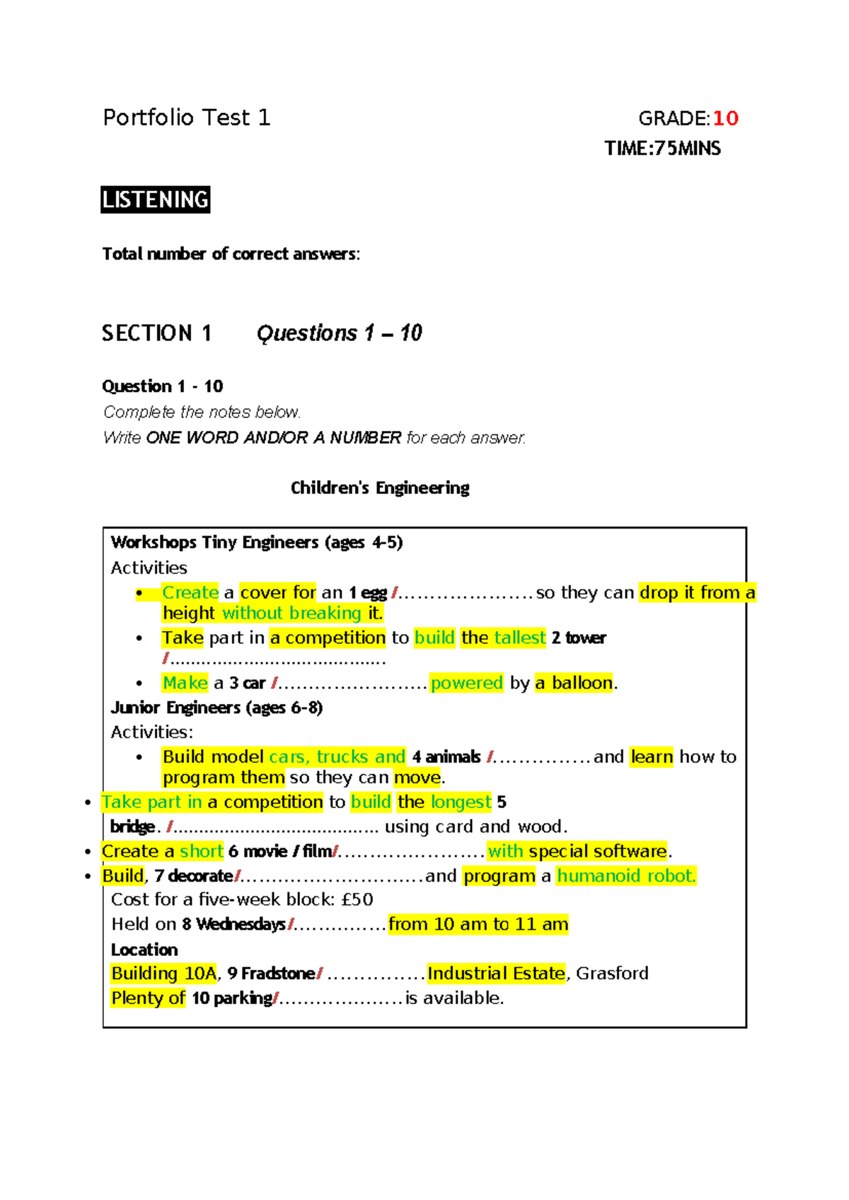 (HK241) Portfolio Test 1 - Listening and Reading Comprehension - Studocu