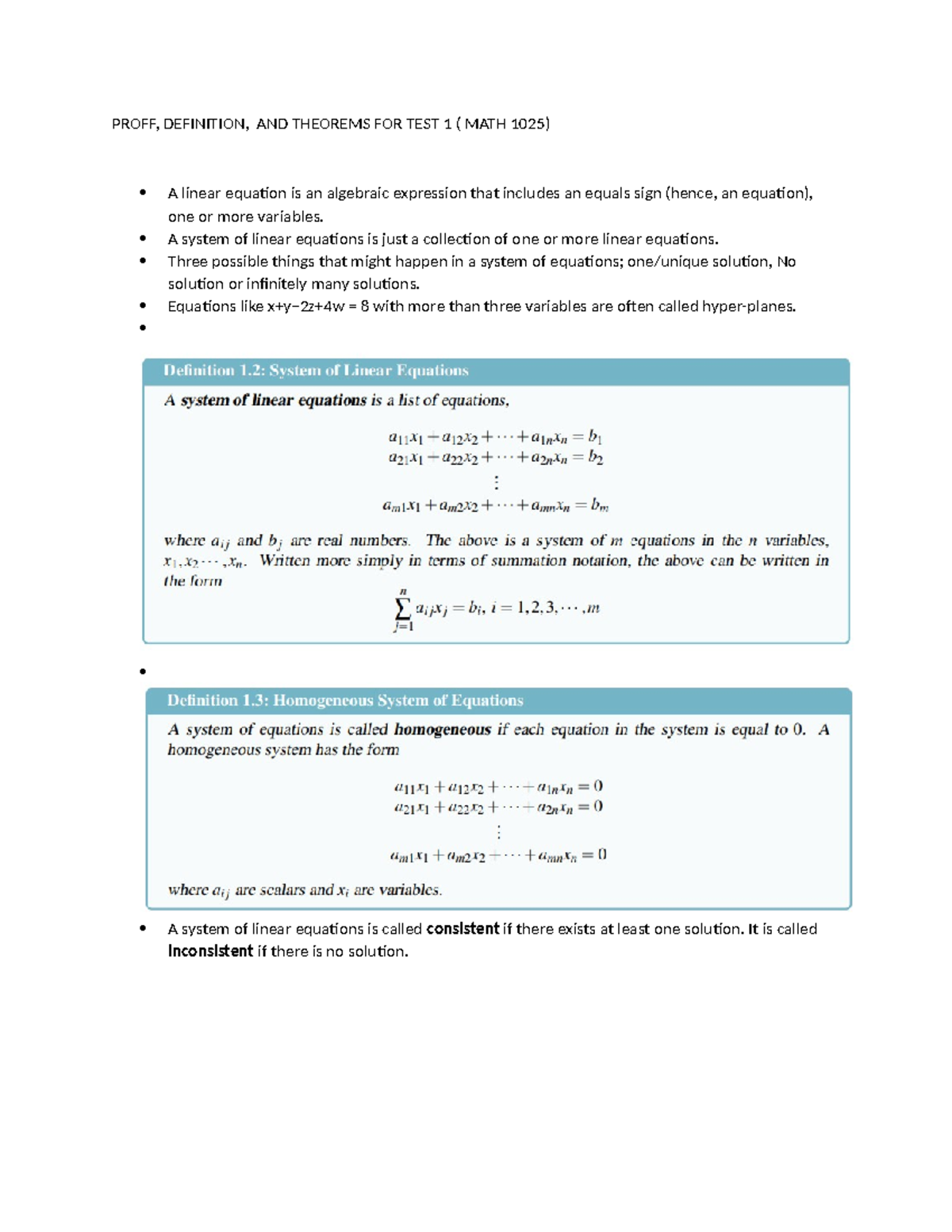 MATH 1025 - Summary of Theorems & Definitions for Linear Algebra Test 1 ...