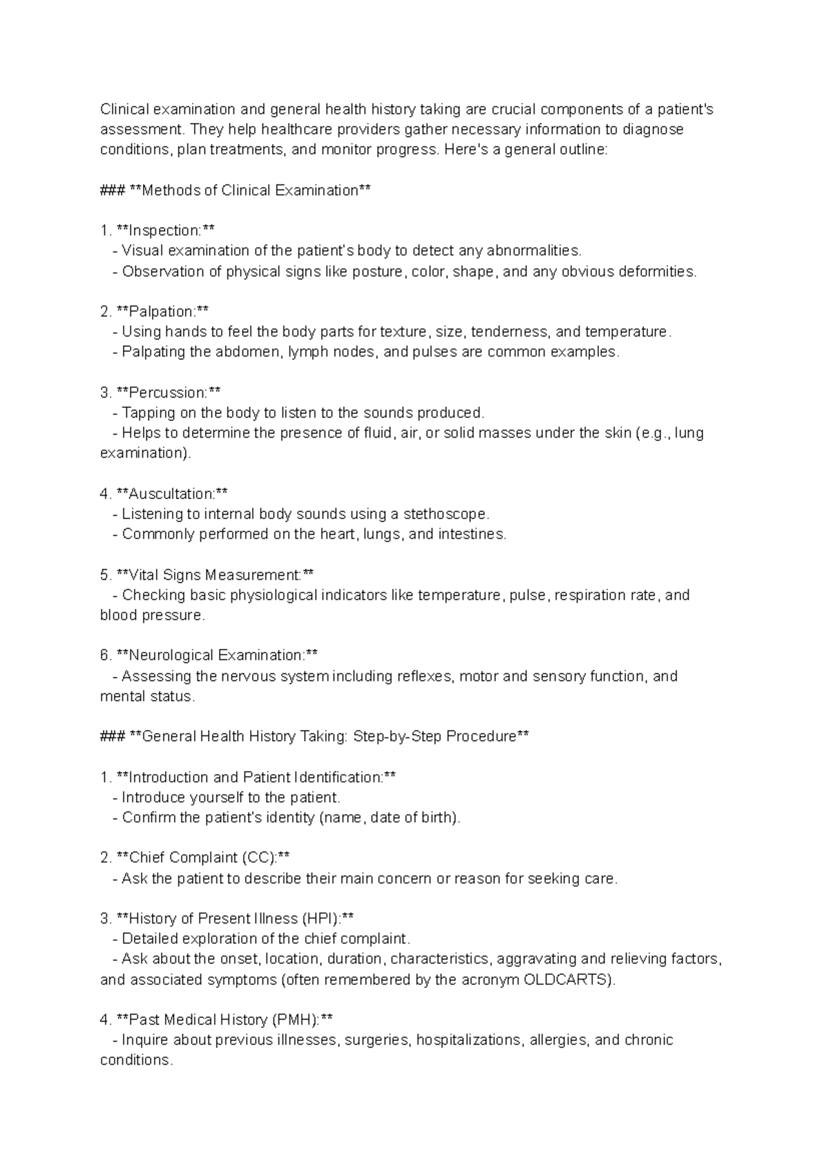 Clinical Examination Methods and Health History Taking Guide - Studocu