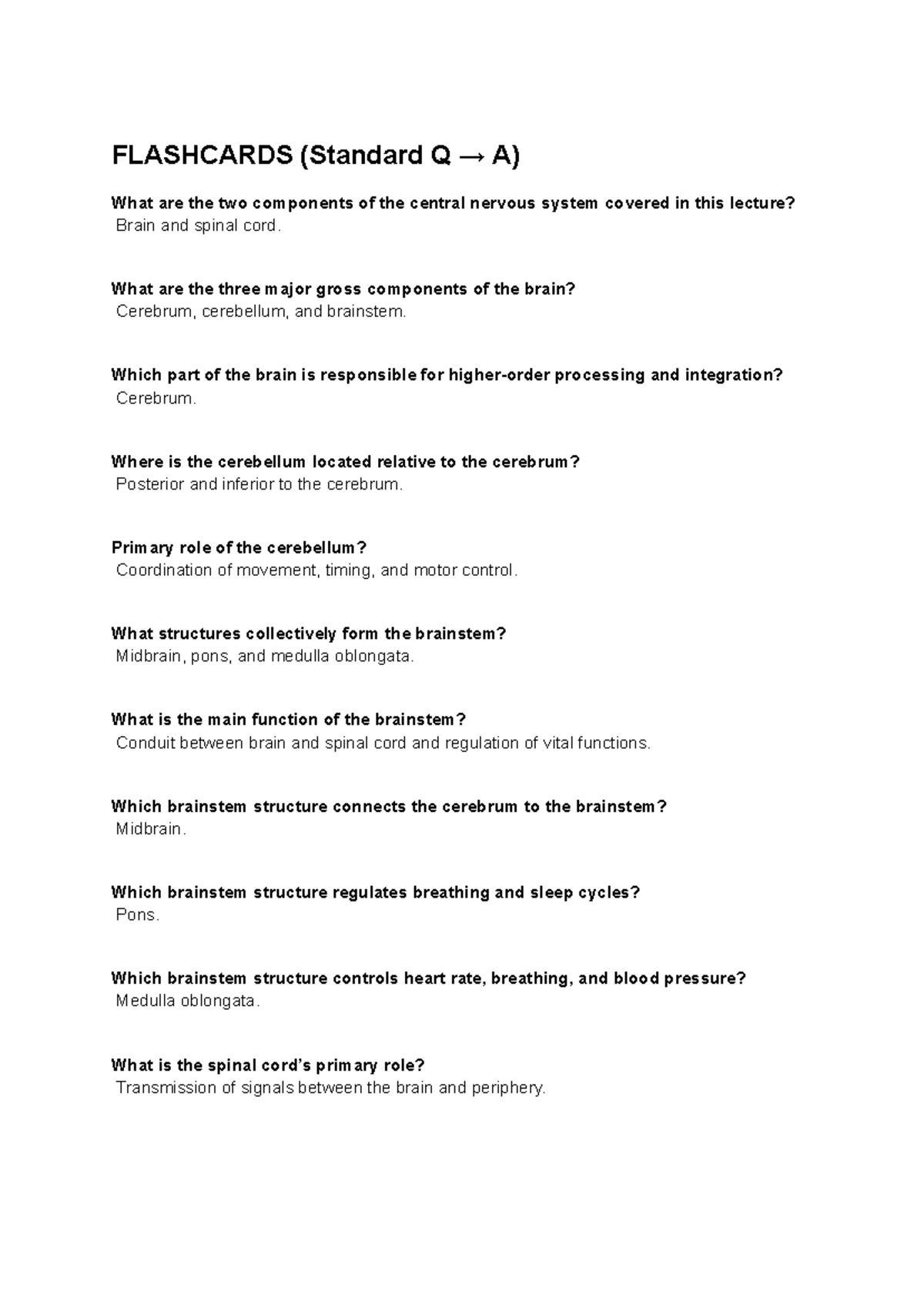 CNS Flashcards: Key Concepts of Brain & Spinal Cord Functions - Studocu