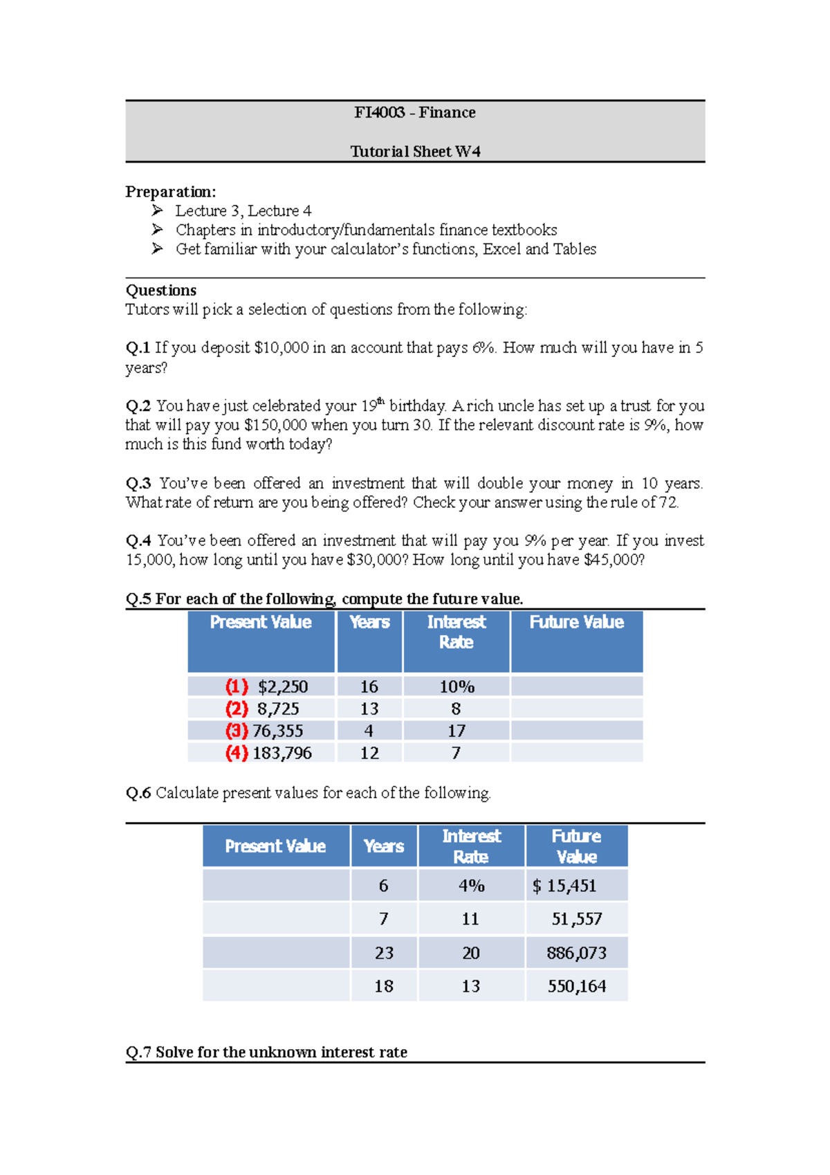 FI4003 - Finance Tutorial Questions for Week 4 Preparation - Studocu