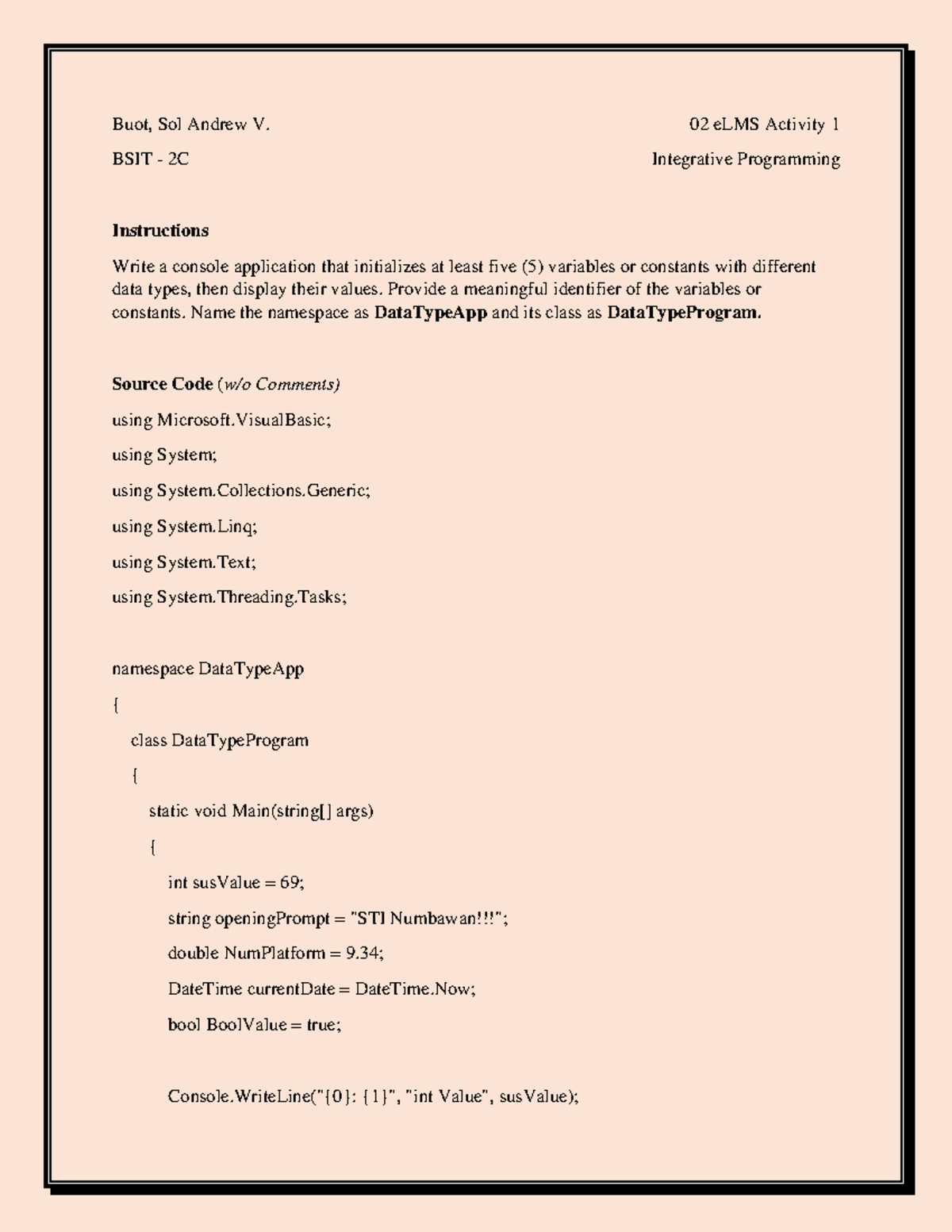 BSIT - 2C eLMS Activity 1: Data Type Initialization Console App - Studocu