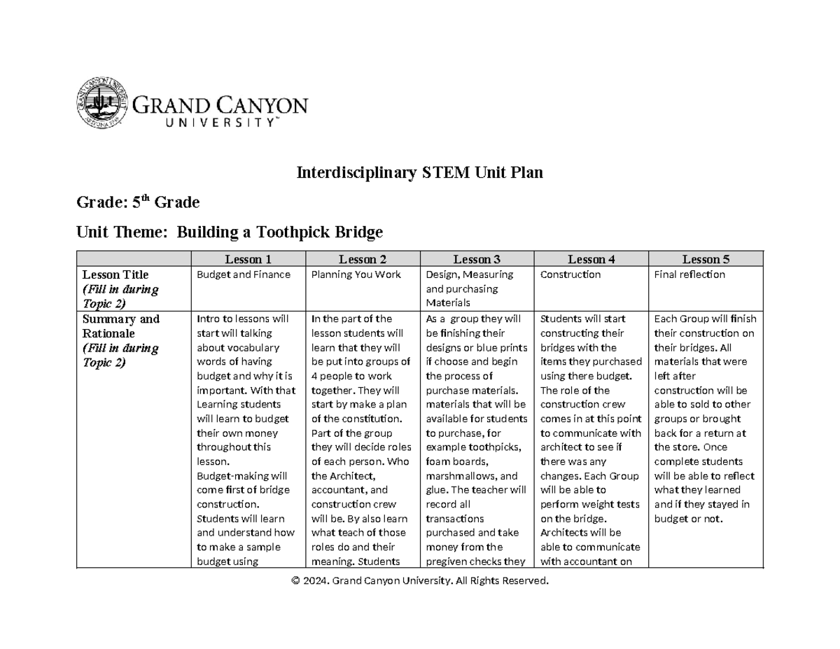 ELM-462-Unit Plan topic 7 - Interdisciplinary STEM Unit Plan Grade: 5 ...