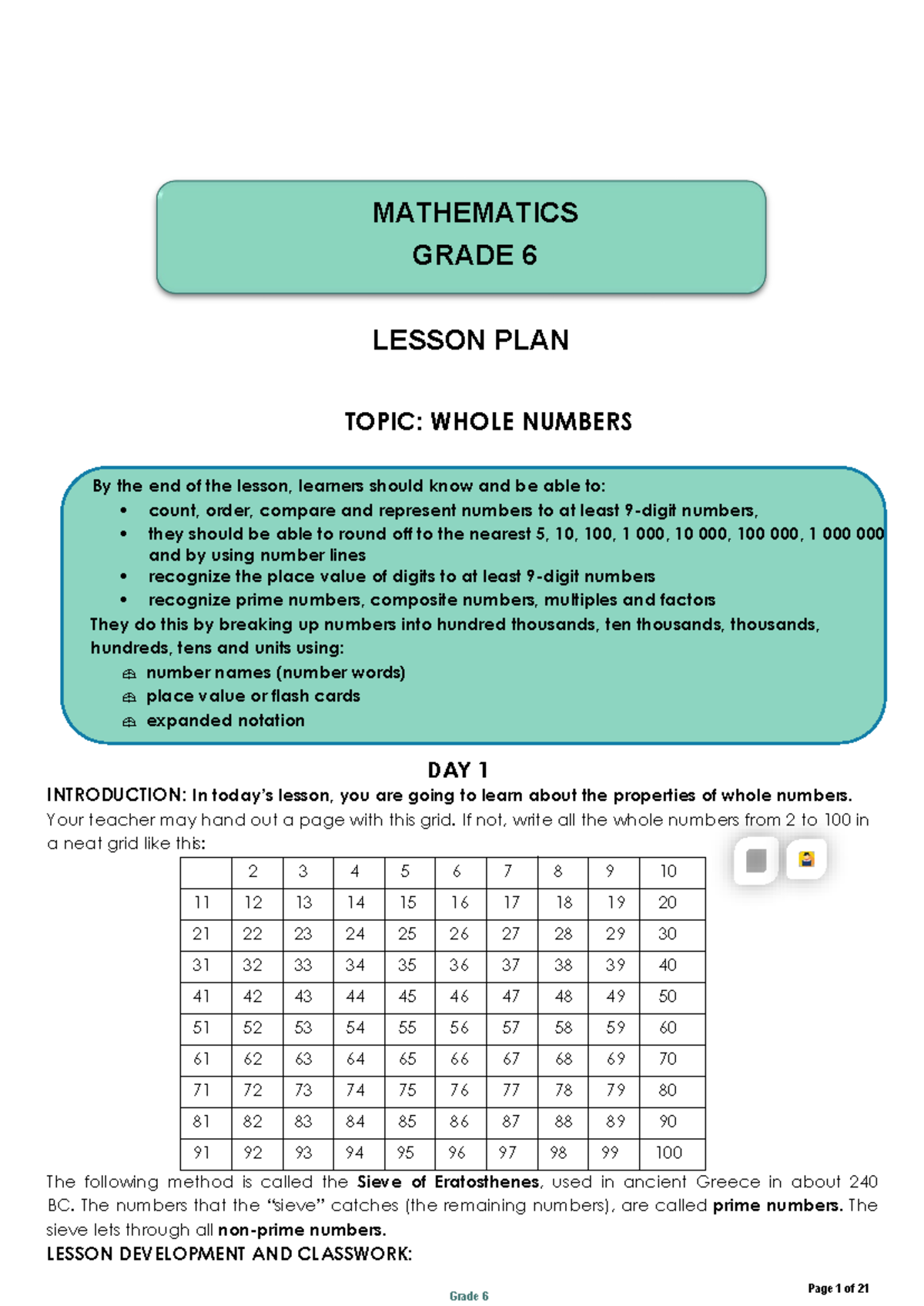 Grade 6 Maths Lesson Plan: Understanding Whole Numbers - Studocu