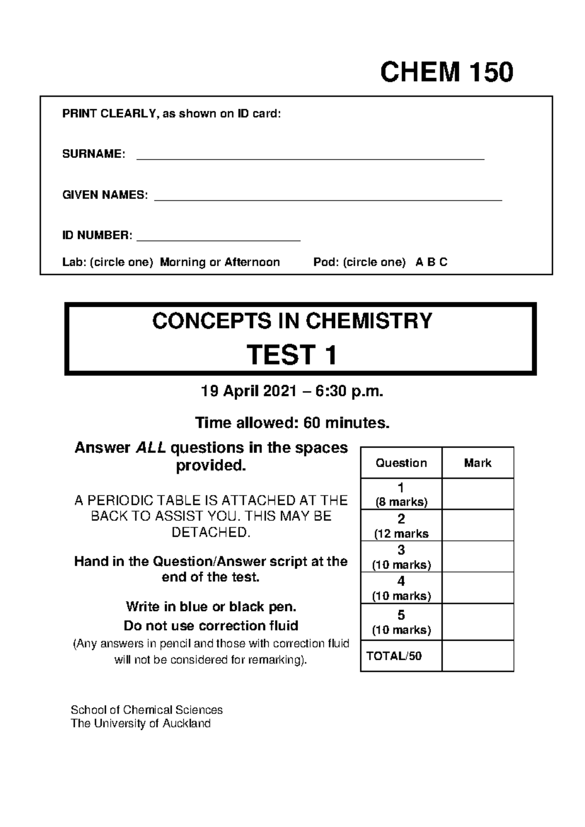 CHEM 150 S1 2021 Test 1 - Comprehensive Answer Key and Solutions - Studocu