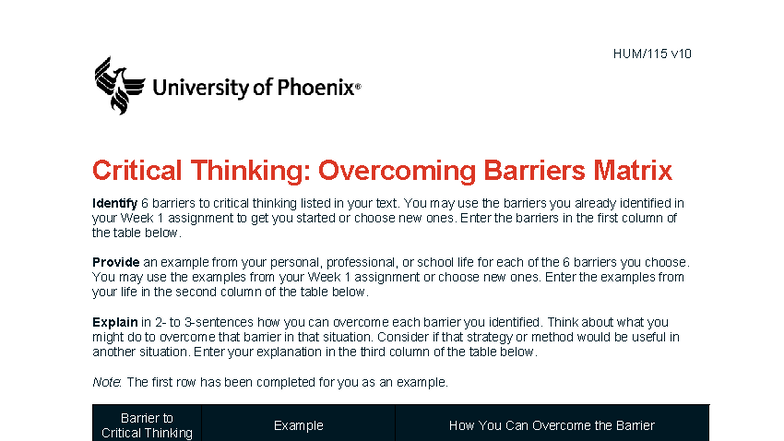 HUM115 Final Exam: Overcoming Barriers to Critical Thinking Matrix ...