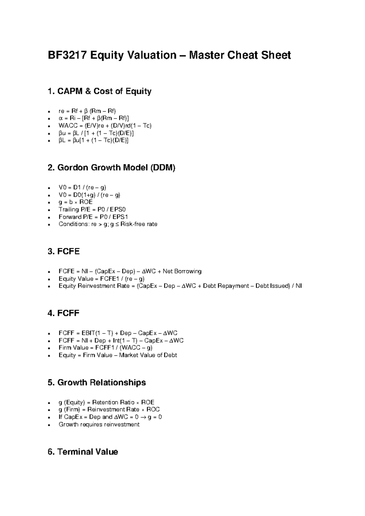 BF3217 Equity Valuation Final Cheat Sheet: Key Models & Formulas - Studocu