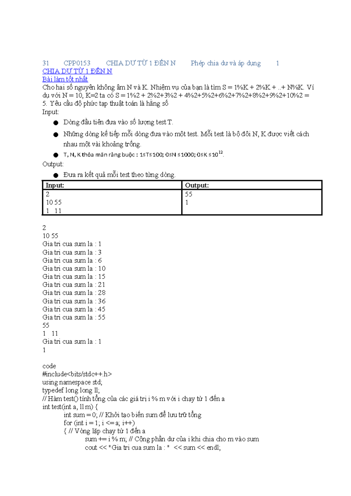 Bài 31-60 Code PTIT CPlus Plus: Các bài tập về phép chia dư và mảng - Studocu