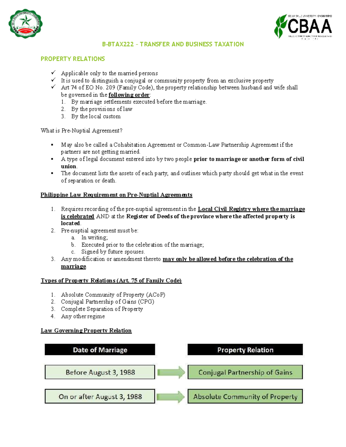 B-BTAX222 - Property Relations in Marriage and Tax Implications - Studocu