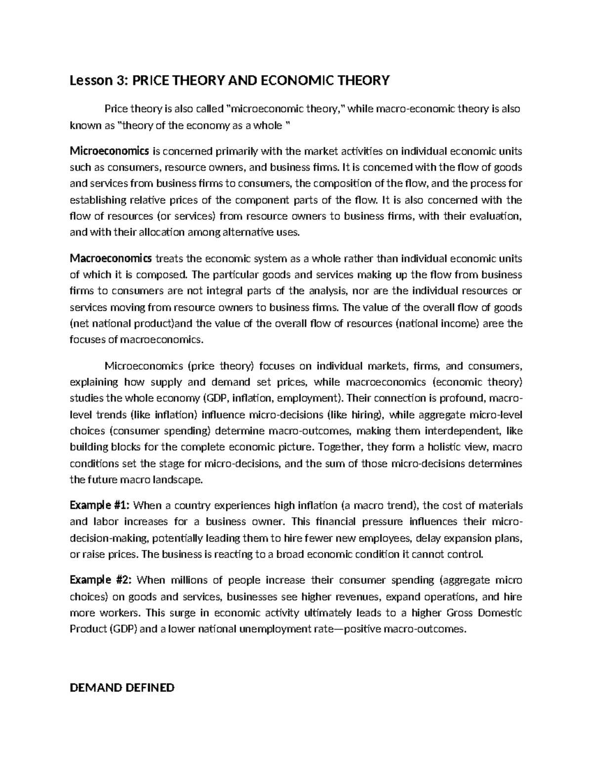 Lesson 3: Price Theory & Economic Theory (Micro & Macro) - Studocu
