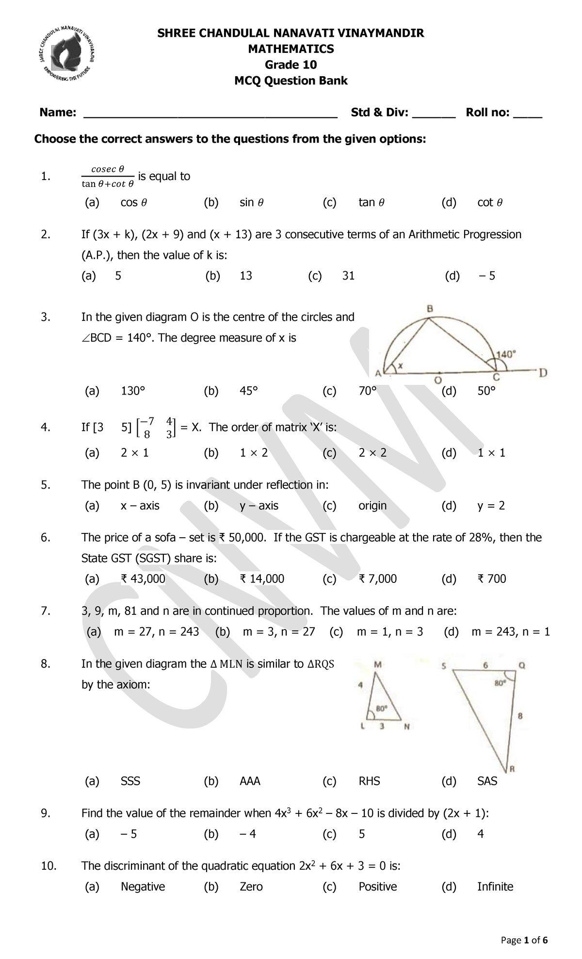 10th Grade Mathematics MCQ Question Bank (Q1-Q73) - Studocu