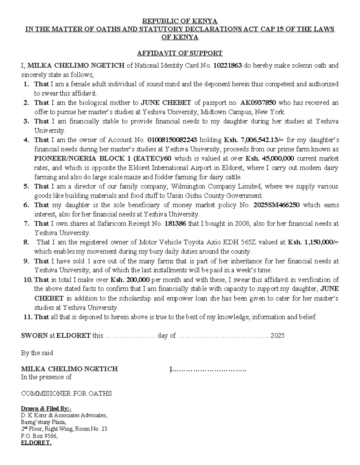Affidavit of Support for June Chebet - Milka Ngetich - Studocu