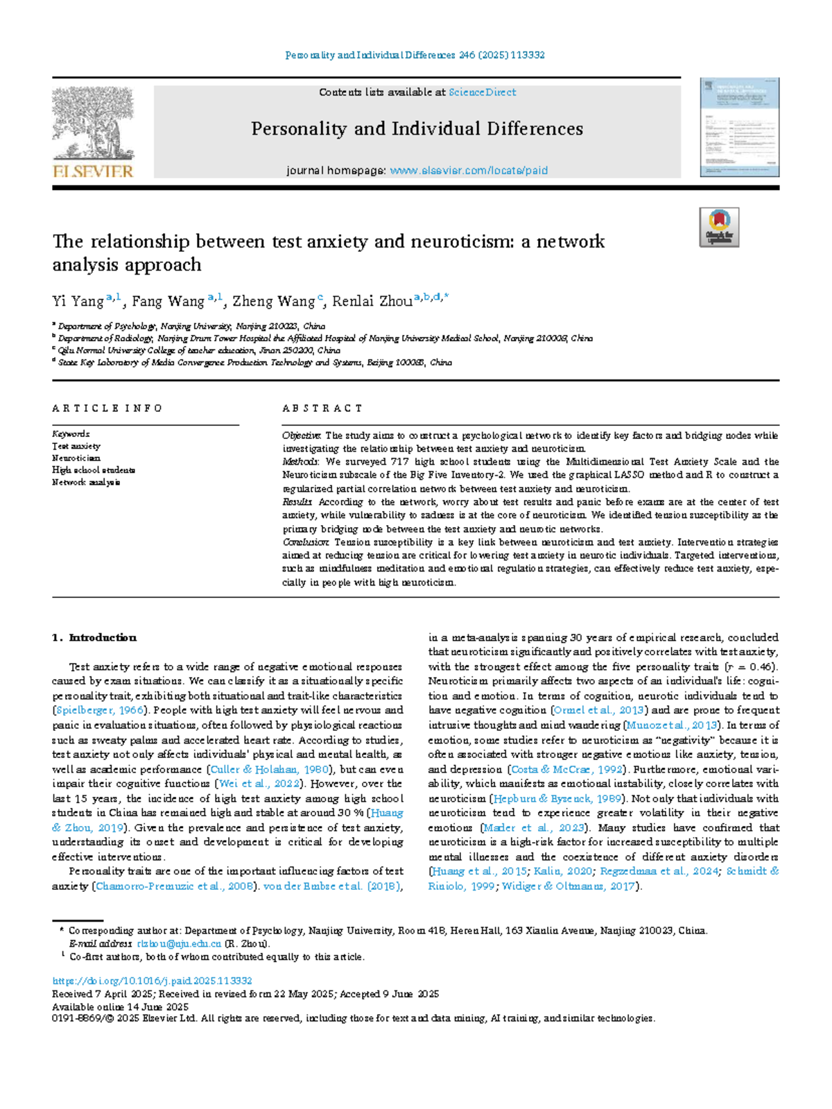 Network Analysis of Test Anxiety and Neuroticism in High School ...