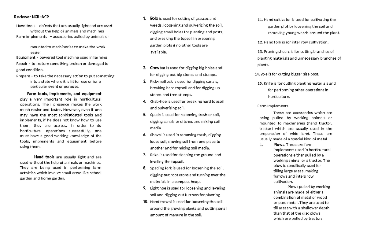 Reviewer NCII 1: Essential Hand Tools and Equipment in Horticulture ...