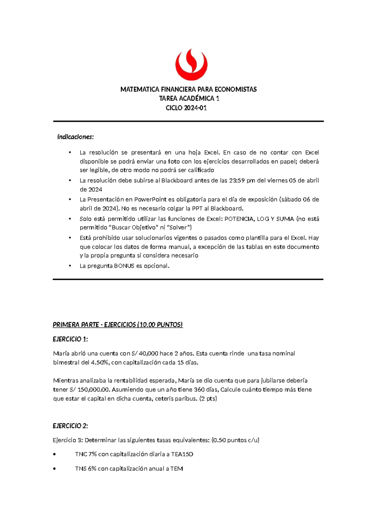 MATEMATICA FINANCIERA PARA ECONOMISTAS TAREA ACADÉMICA 1 - TA1 2024-1 ...