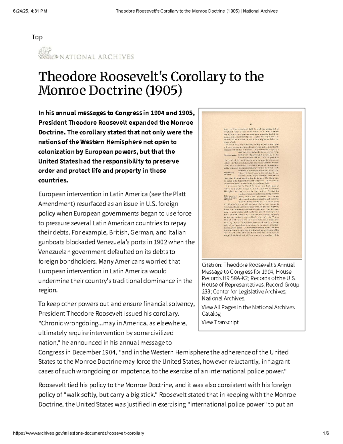 Theodore Roosevelt's Corollary to the Monroe Doctrine (1905) Analysis ...