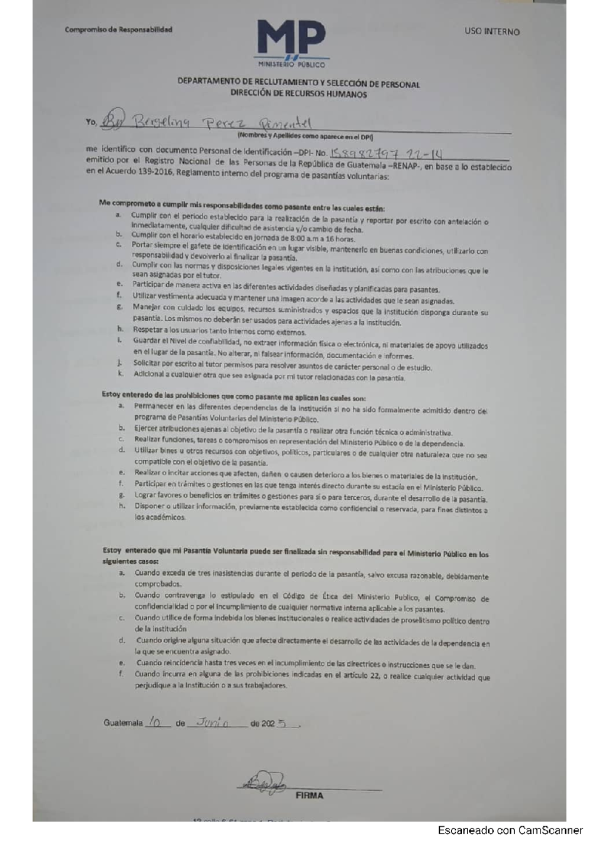 Compromiso de Responsabilidad para Pasantía Voluntaria MP - Studocu