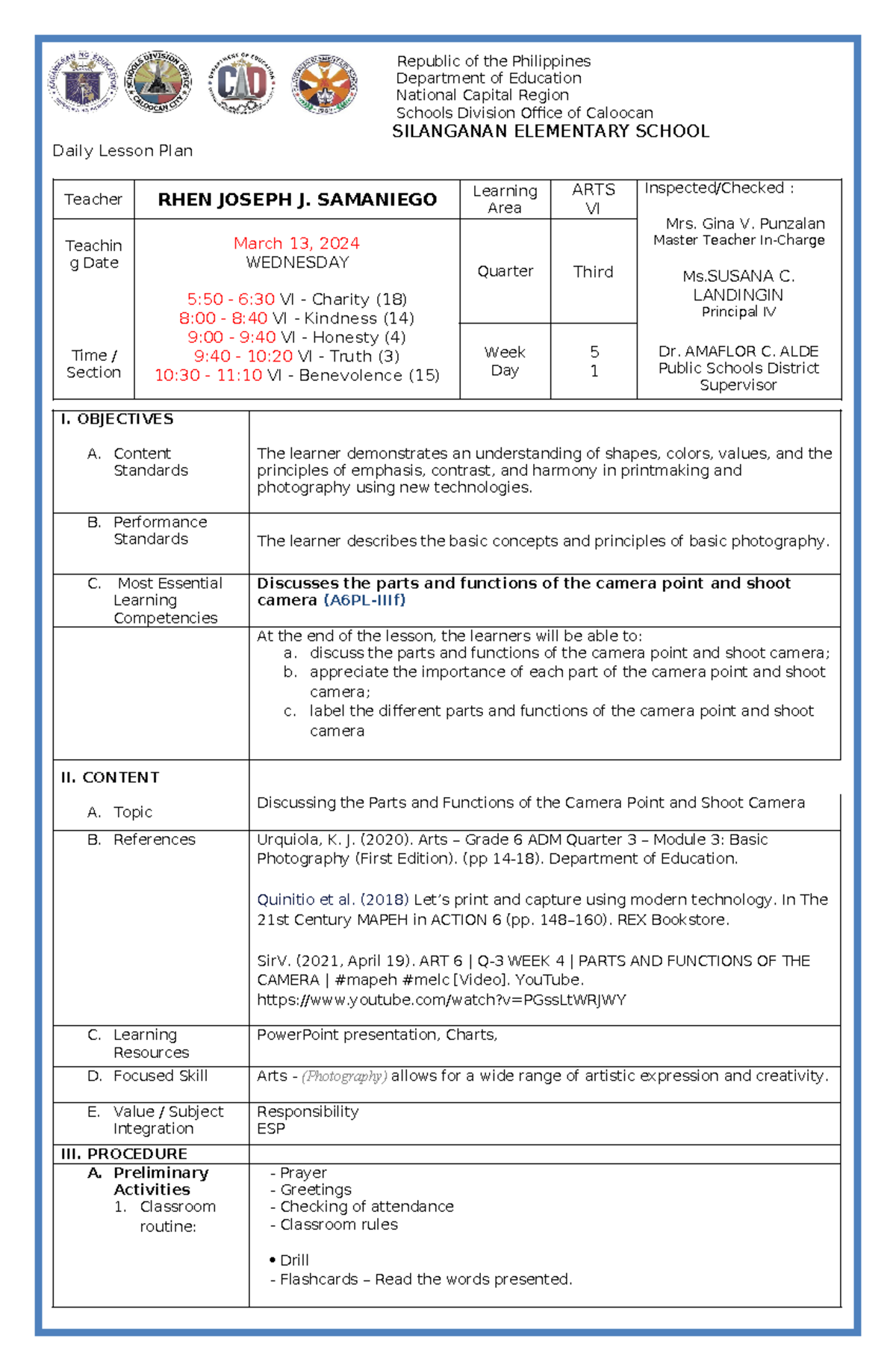 DLP-03 11 24 ARTS Lesson Plan on Camera Parts & Functions - Studocu