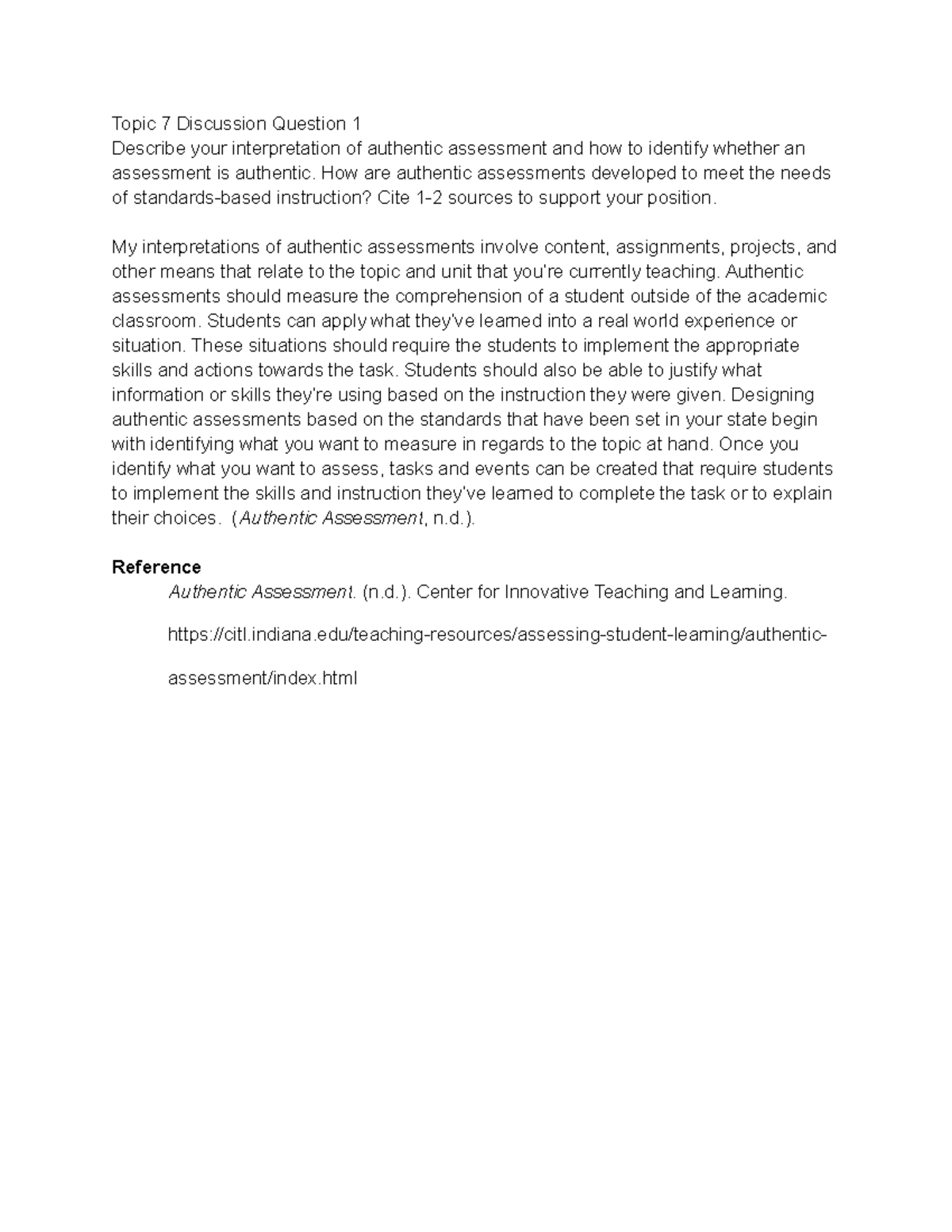 GCU ELM-351 Topic 7 Discussion on Authentic Assessment Insights - Studocu
