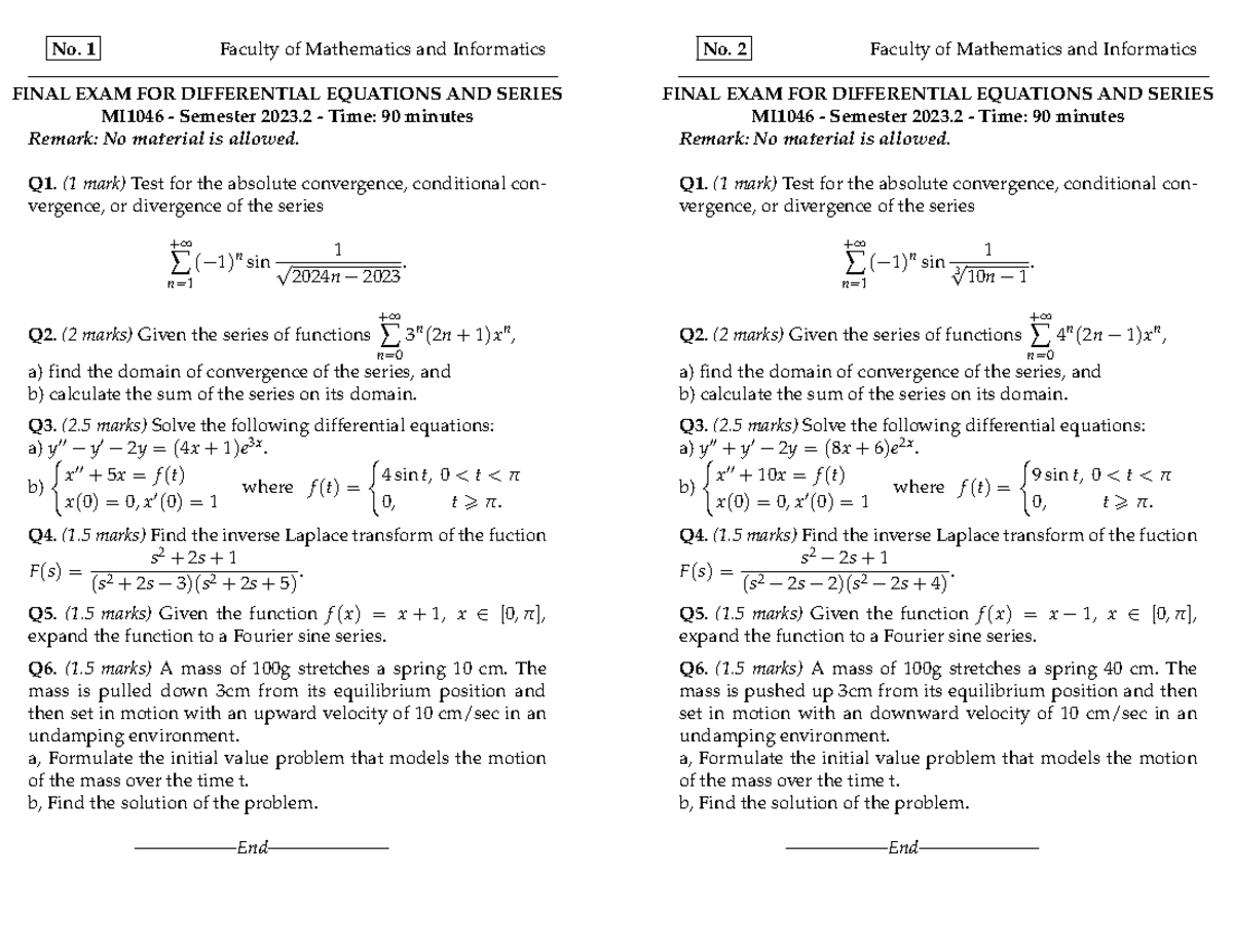 FINAL EXAM MI1046: DIFFERENTIAL EQUATIONS & SERIES 2023.2 - Studocu