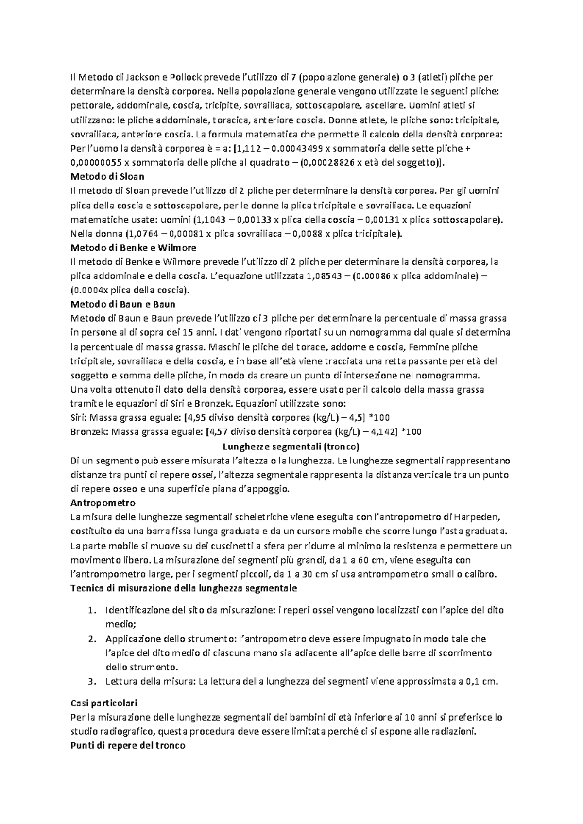 Riassunto Metodi di Valutazione Antropometrica 4: Pliche e Misurazioni ...