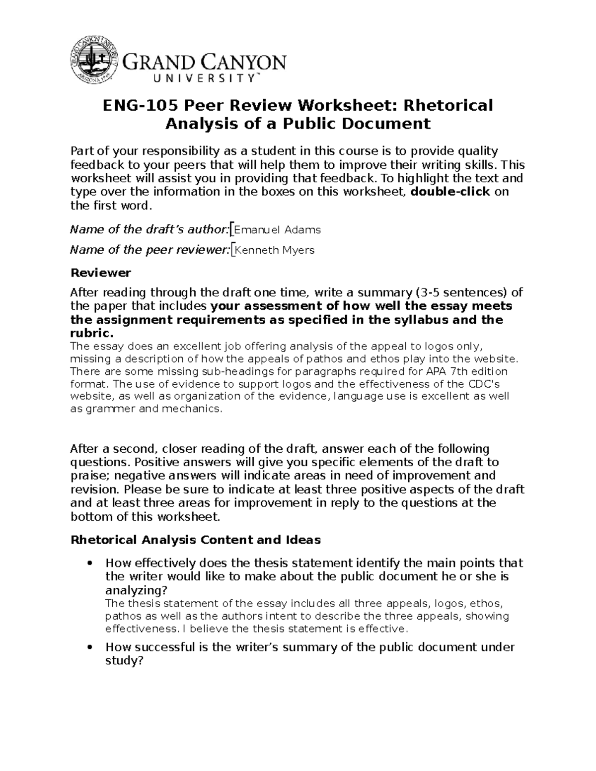 ENG-105-RS-Rhetorical Analysis Peer Review Worksheet Online - ENG-105 ...
