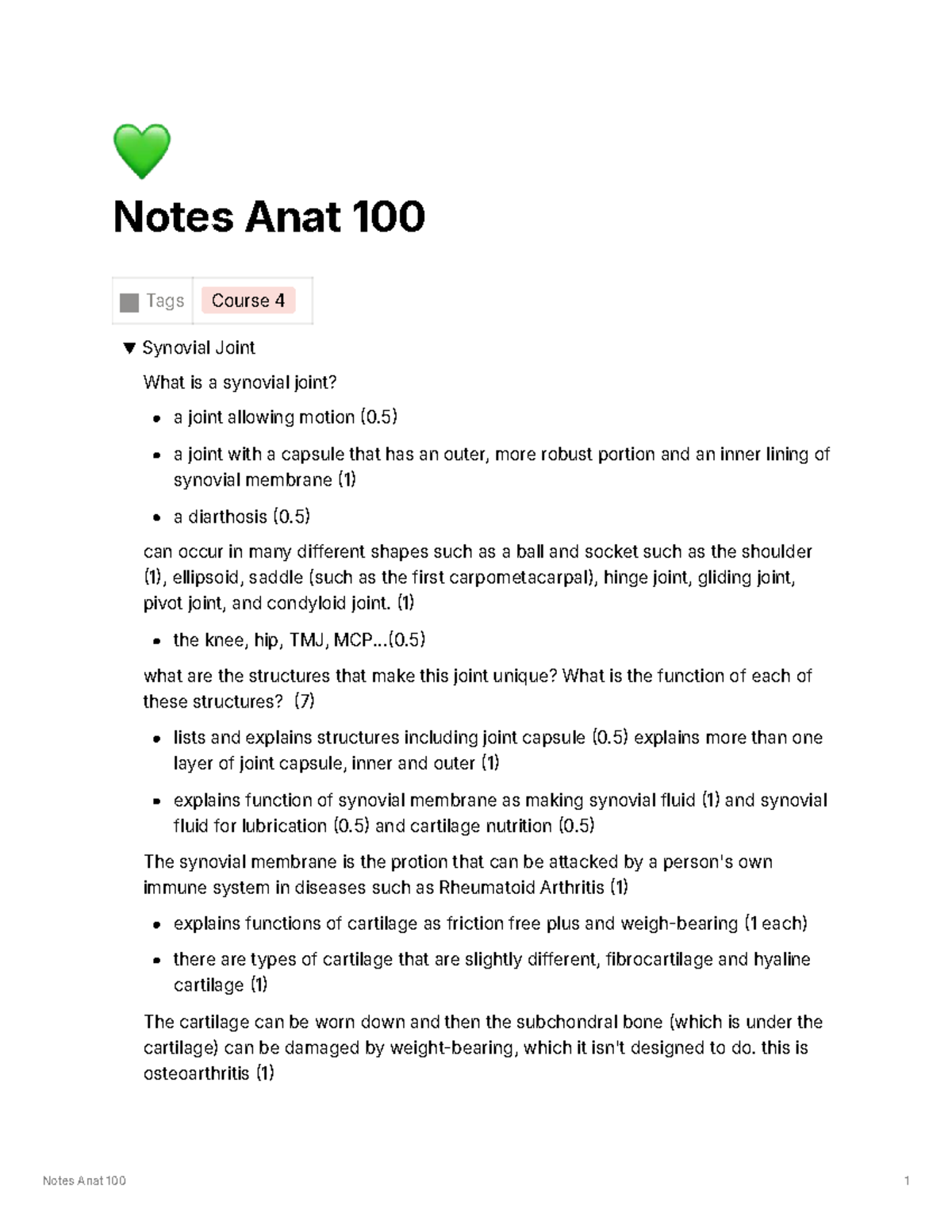 Anat 100 Final Exam Notes: Synovial Joints & Muscle Summary - Studocu