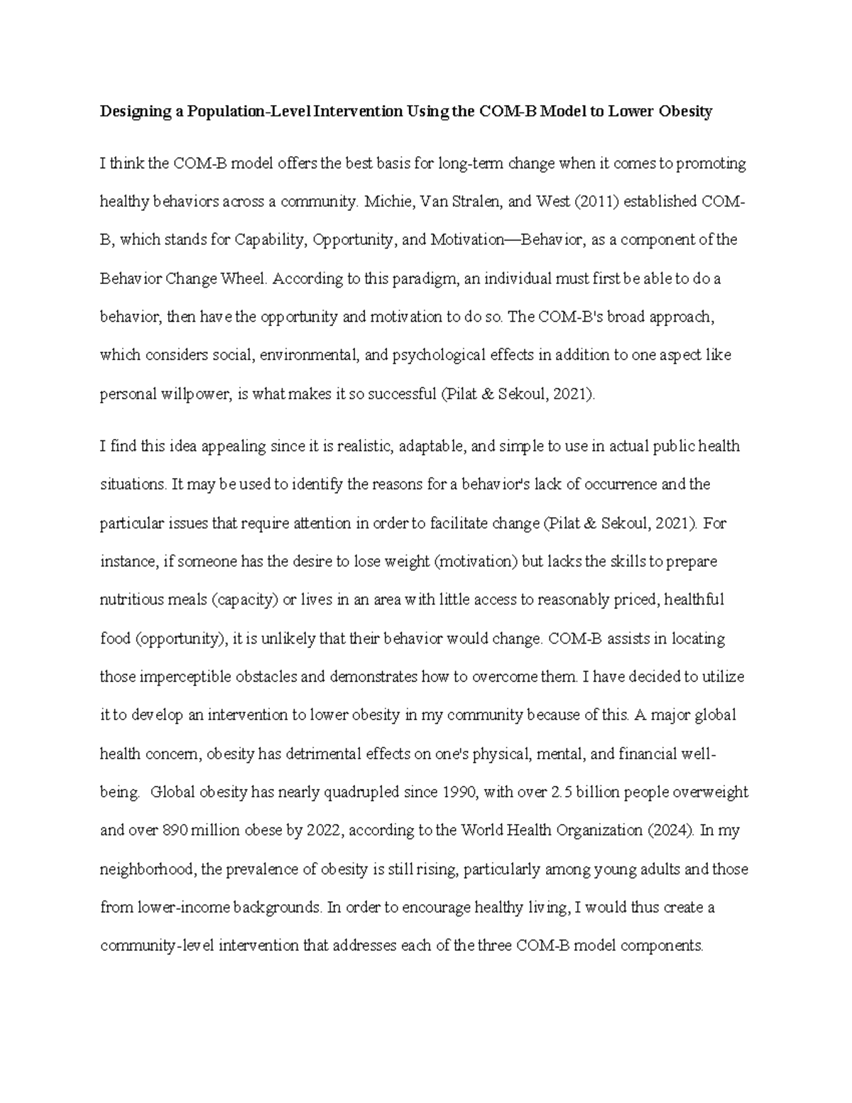 PSYC 1111-01 Assignment: Designing an Obesity Intervention Using COMB ...