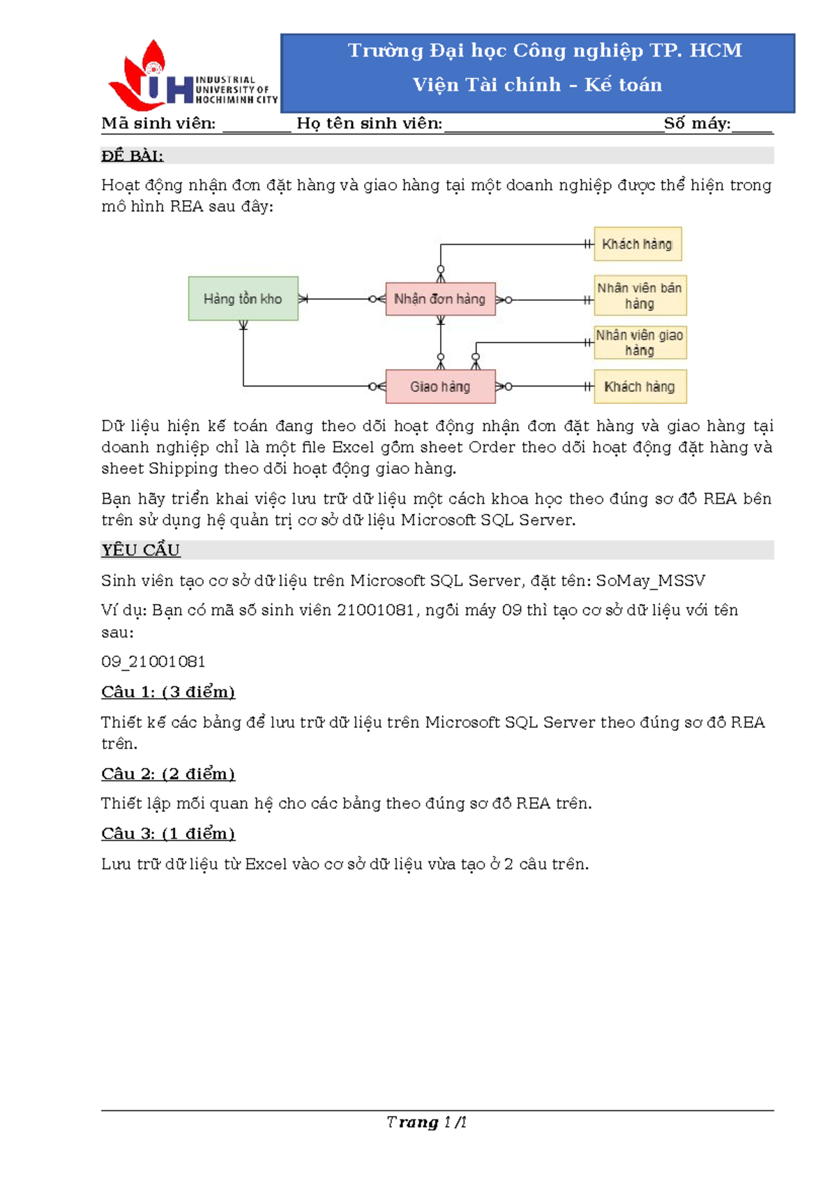 Đề Bài: Hoạt Động Nhận Đơn Đặt Hàng và Giao Hàng - REA Model - Studocu