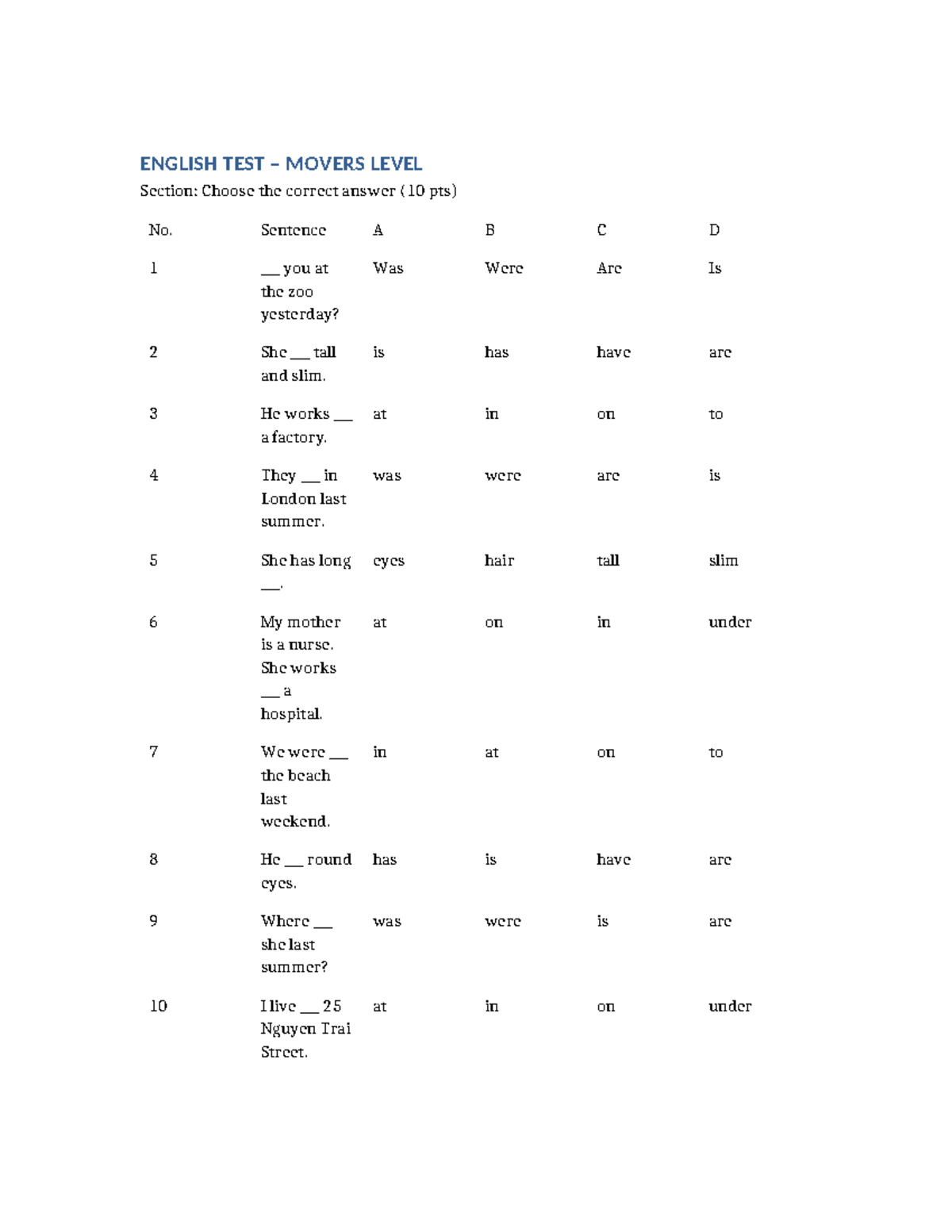 Movers Level English Test: Multiple Choice Section - Studocu