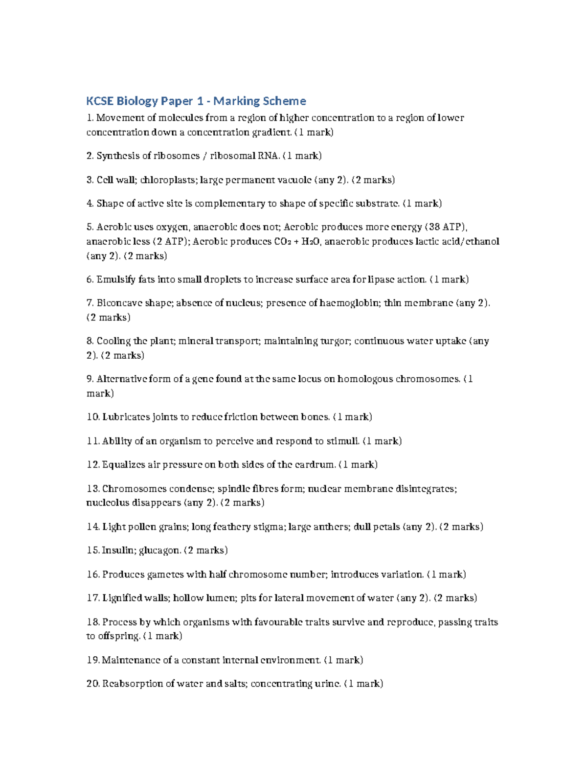 KCSE Biology Paper 1 Marking Scheme: Key Concepts and Answers - Studocu