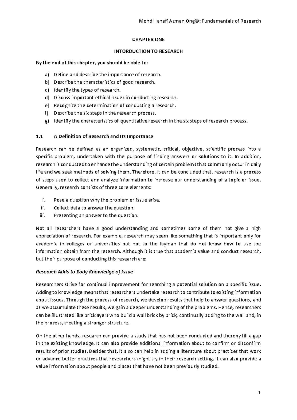 Fundamentals of Research: Chapter One - Introduction to Research - Studocu