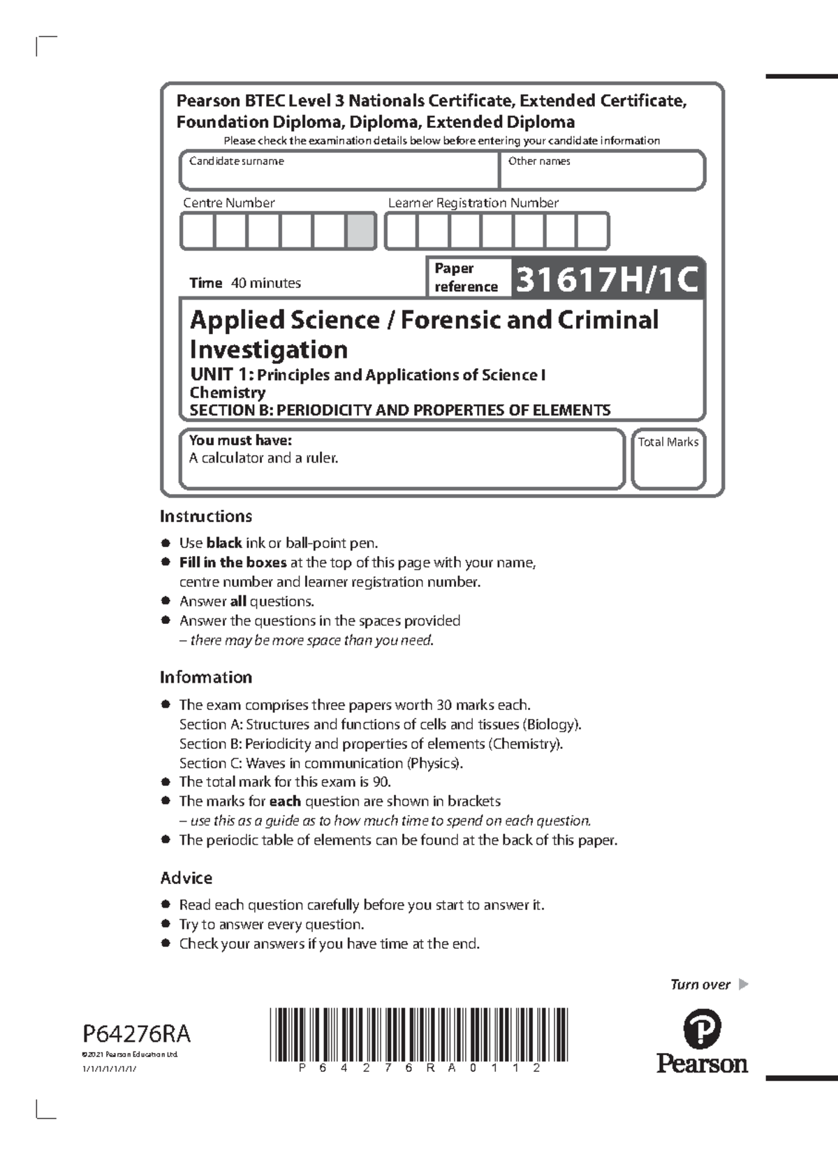 Unit 1 Chemistry Exam Questions - 31617H/1C - BTEC 2201 - Studocu