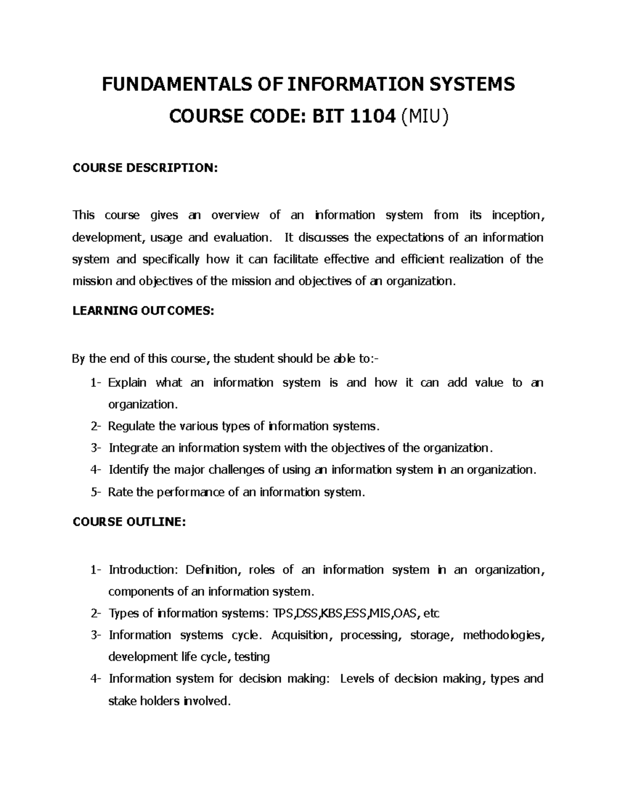 BIT 1104: Information Systems Course Outline and Learning Outcomes ...