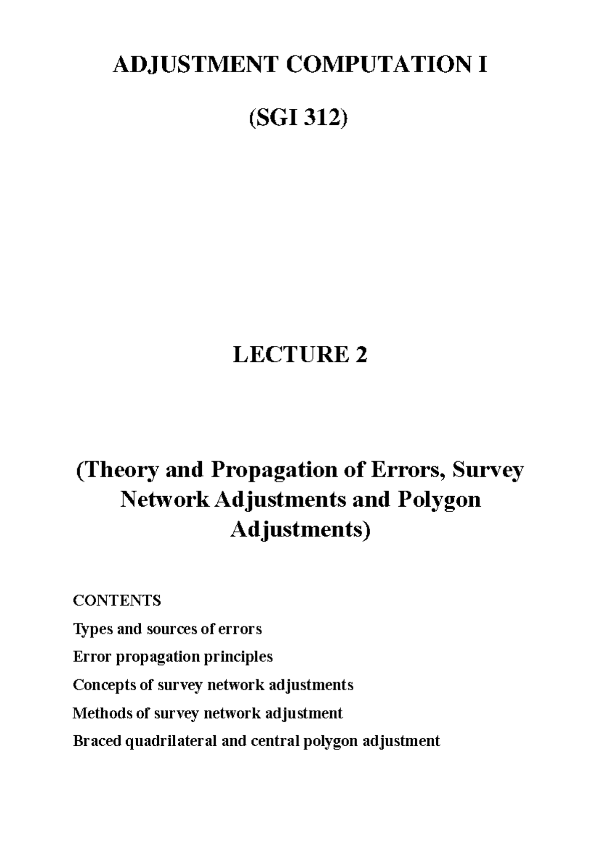 SGI 312 Lecture 2: Theory of Errors & Survey Network Adjustments - Studocu