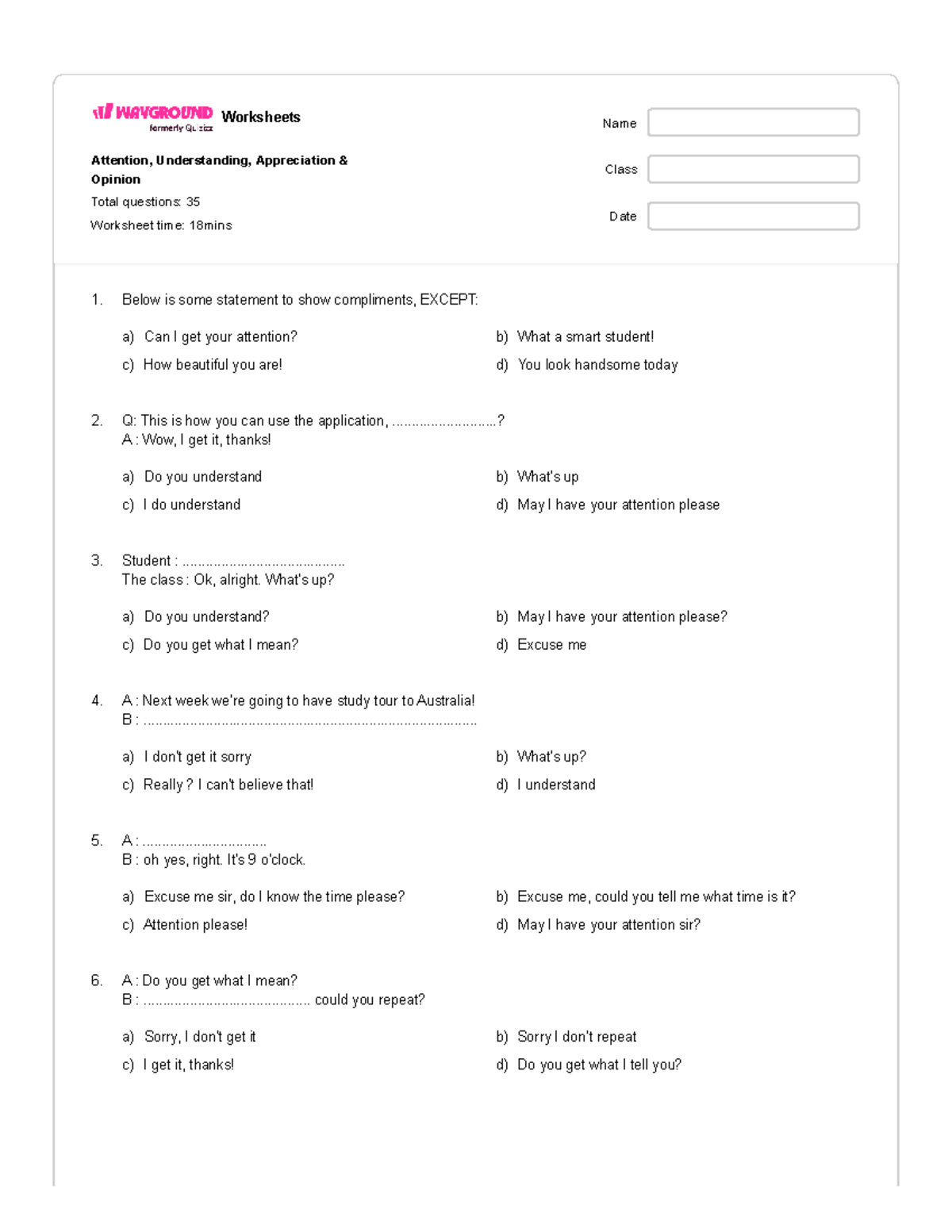 Attention, Understanding, Appreciation & Opinion Worksheet (Class Total ...