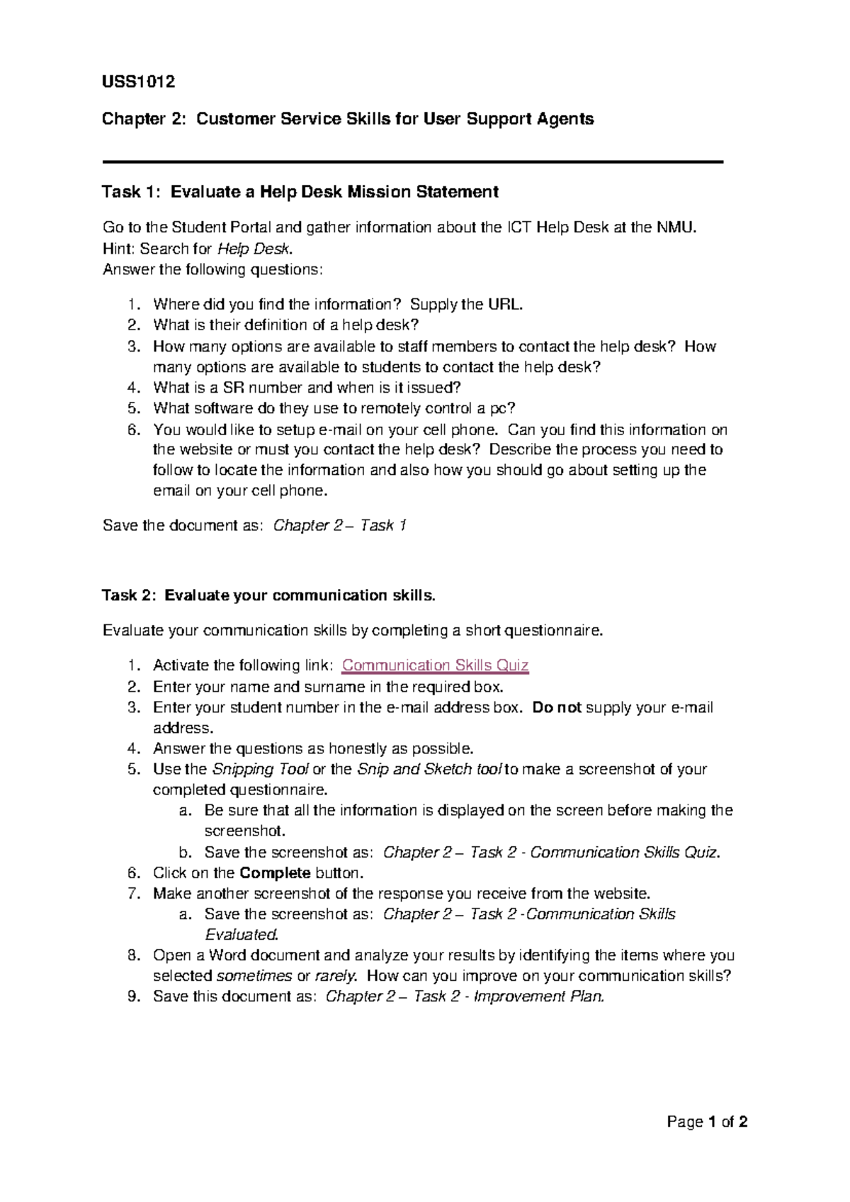 USS1012 Worksheet - Chapter 2: Customer Service Skills Tasks - Studocu
