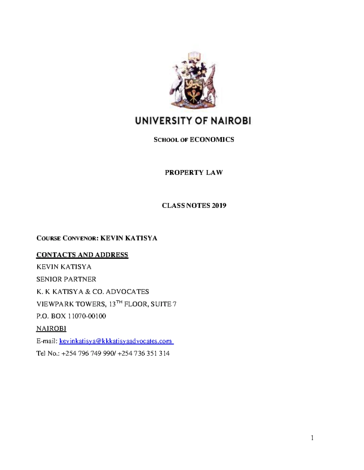 PROPERTY LAW CLASS NOTES 2019 - KEVIN KATISYA - Studocu