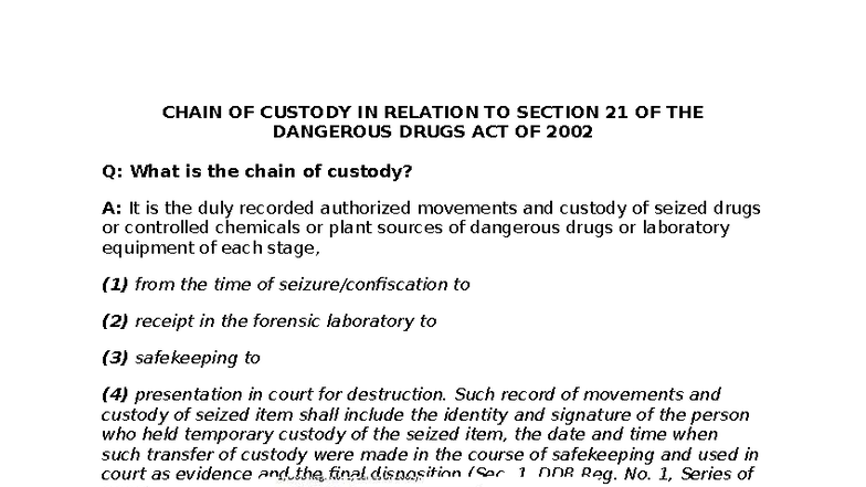 CHAIN OF CUSTODY & DNA EVIDENCE UNDER DANGEROUS DRUGS ACT 2002 - Studocu