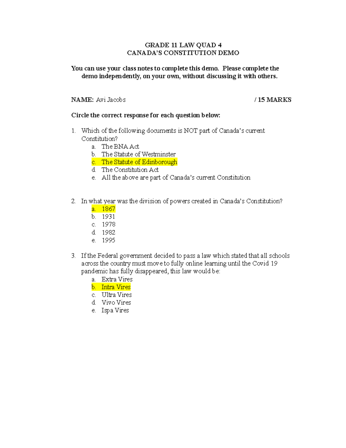 Grade 11 Law (Quad 4) - Canada's Constitution Quiz - Studocu
