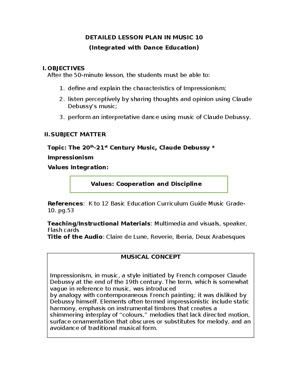 Detailed Lesson Plan for Music 10: Impressionism Focus - Studocu