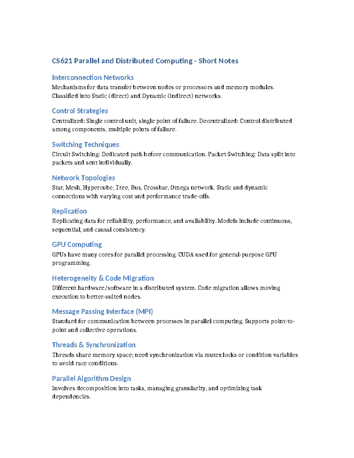 CS621 Short Notes on Parallel & Distributed Computing Concepts - Studocu