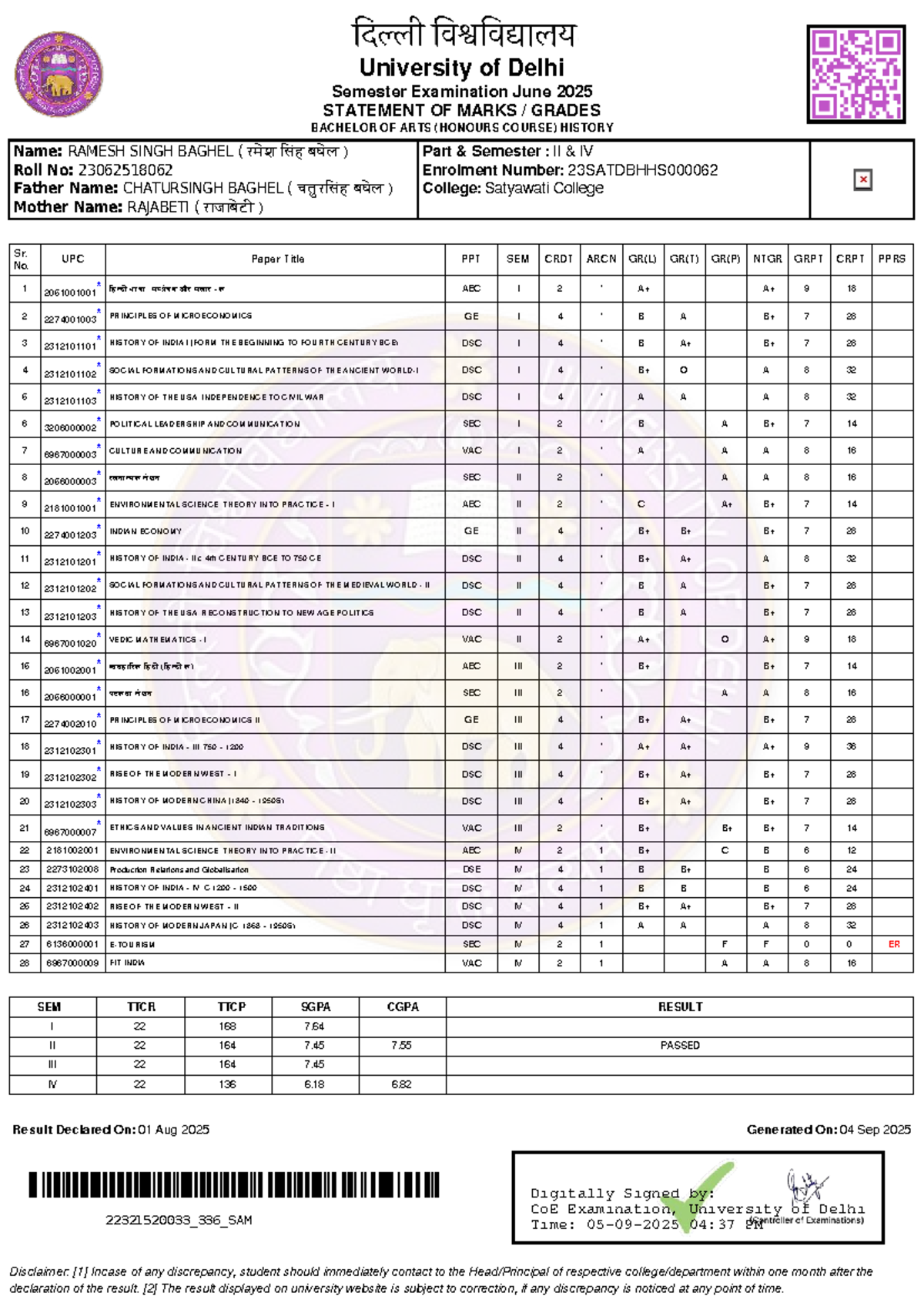 BA (Hons) History - Semester Exam Marks June 2025 Statement - Studocu