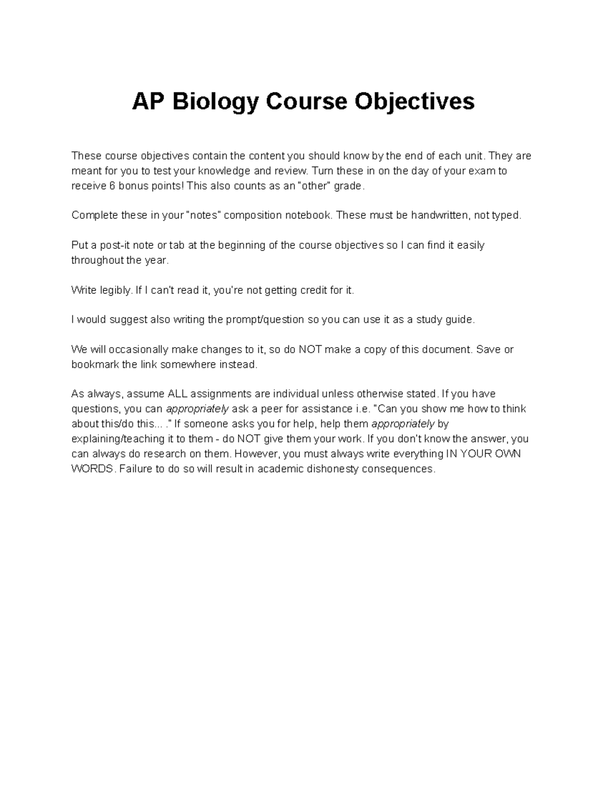 AP Biology Course Objectives: Comprehensive Study Guide - Studocu